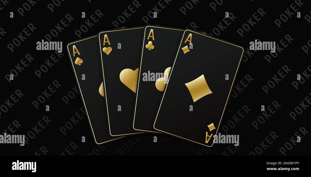 Hand fan of playing cards consisting of four black and golden Ace of ...