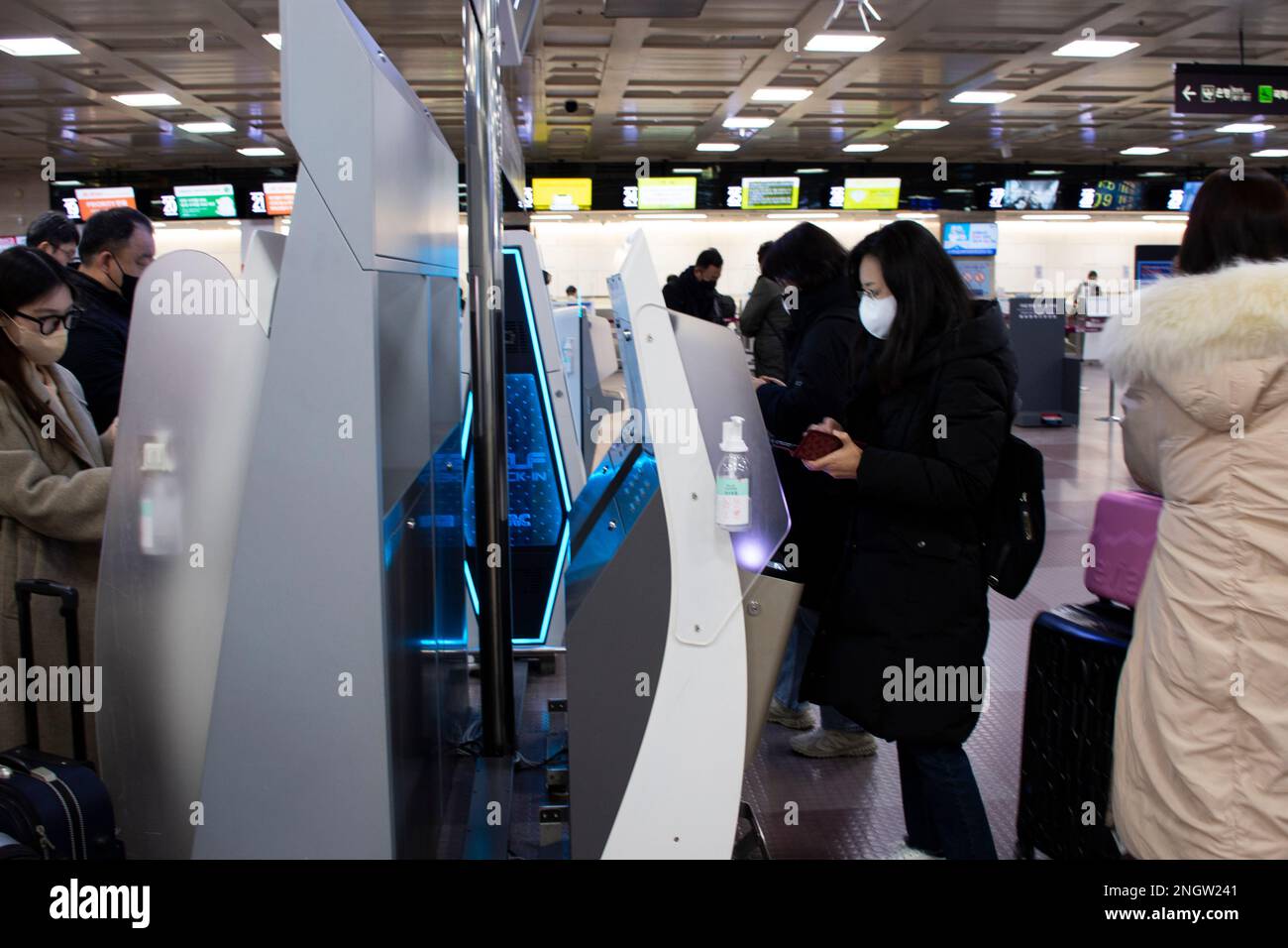 Korean people and foreign travelers passengers check-in flight on ...