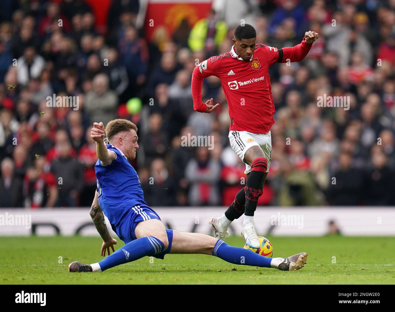 Leicester City's Harry Souttar (left) challenges Manchester United's ...