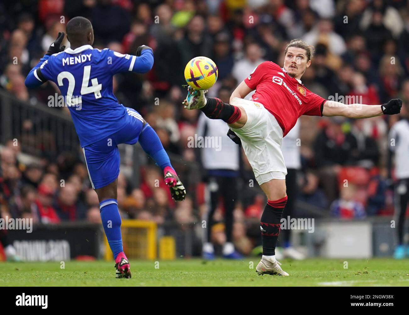 Leicester City's Nampalys Mendy (left) and Manchester United's Marcel Sabitzer battle for the ...