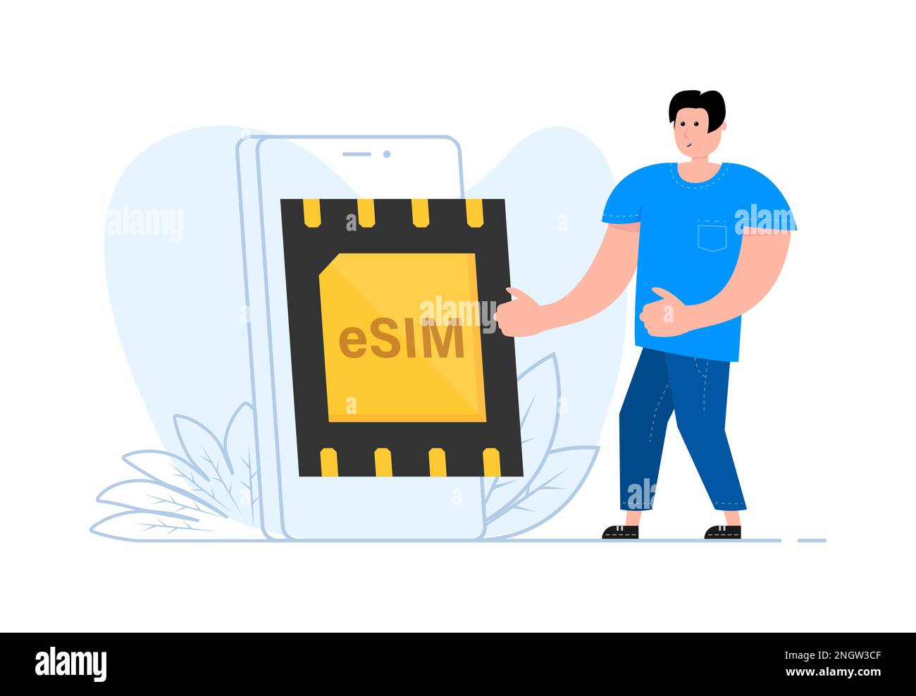 A Man Stands Near The Smartphone On The Screen Esim Chip Embedded Sim Vector Stock 