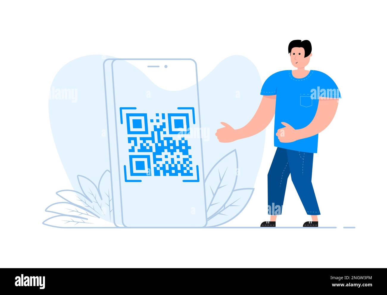 A man stands near the smartphone, on the screen QR code with scan me ...