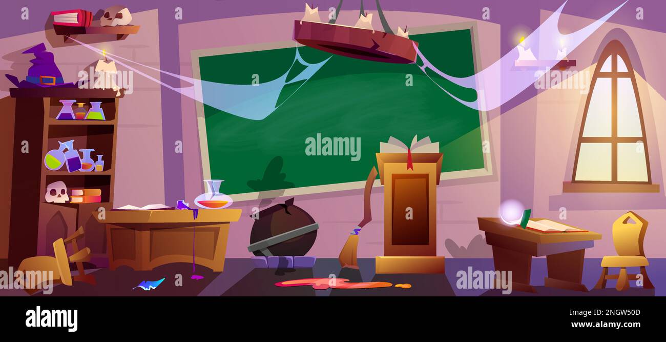 Cartoon abandoned magic school classroom with broken furniture, spider ...
