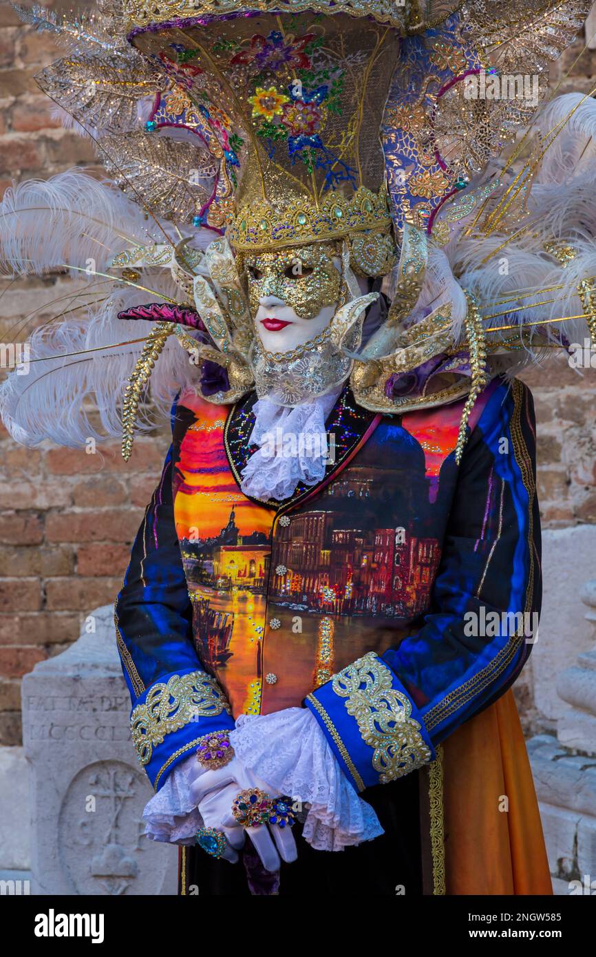 Carnival goer dressed in splendid costume and mask during Venice ...