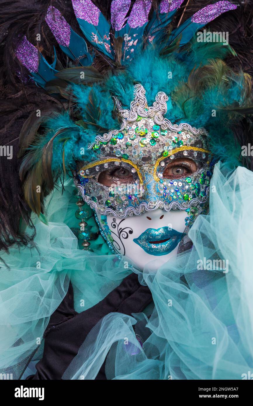 Carnival goer dressed in splendid costume and mask during Venice ...