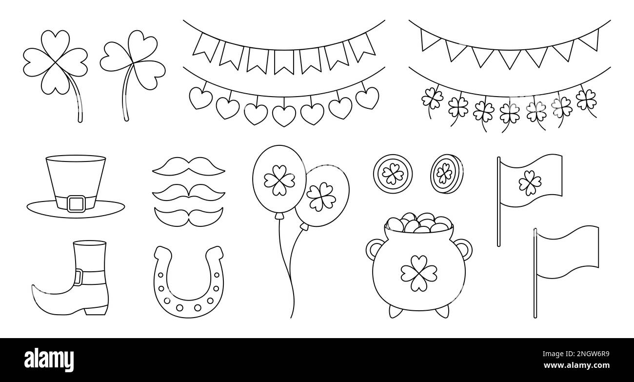 Set of St. Patricks Day line elements. Irish holiday symbols isolated ...