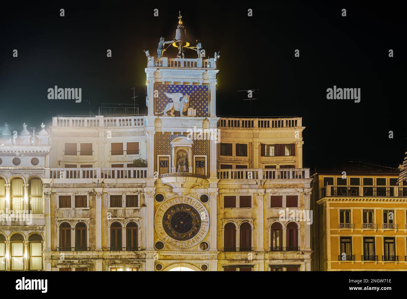 Venice Italy night view of St Marks Clock tower on homonymous square ...