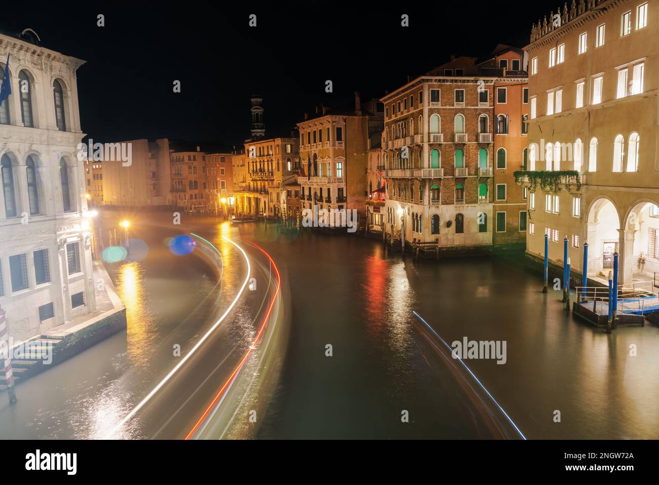 Venice, Italy Grand Canal night view of traditional low rise buildings ...