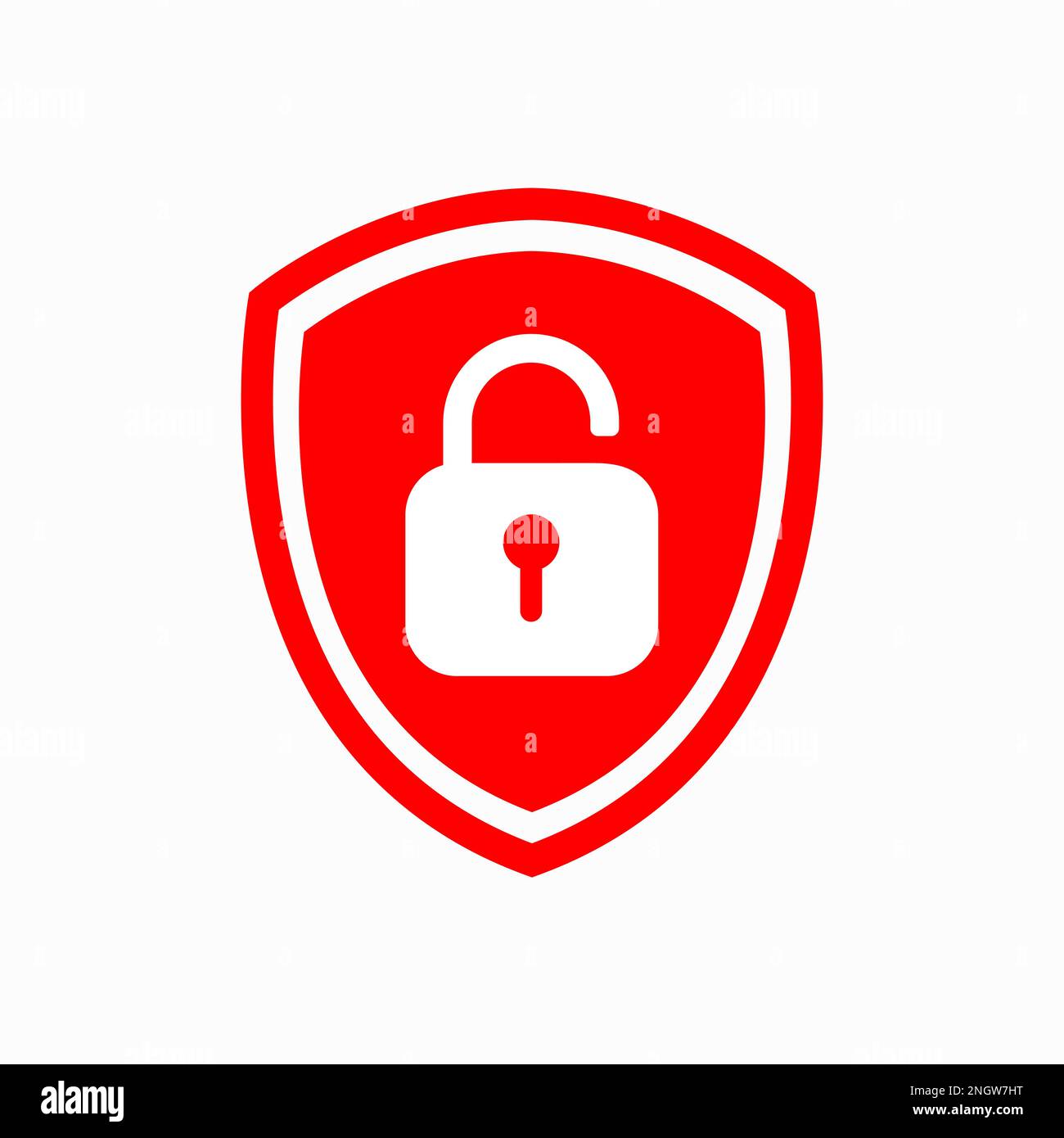 Icon or symbol of a shield with a opened red padlock. Sign unlock on a ...