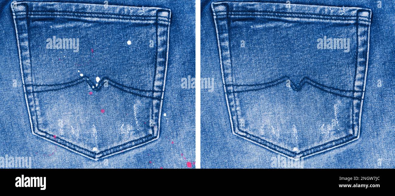 Stylish jeans before and after washing texture background. Collage. Dry ...