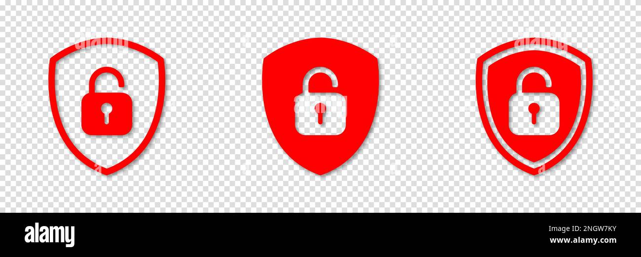 Icon or symbol set of a shield with a opened red padlock. Sign unlock ...