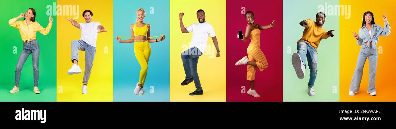 Diverse happy multiethnic millennial people having fun on colorful ...