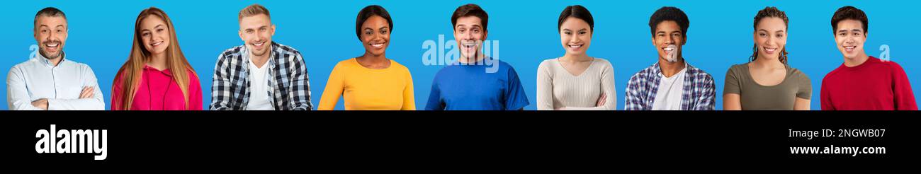 Happy multiethnic people posing on blue, set of photos Stock Photo - Alamy
