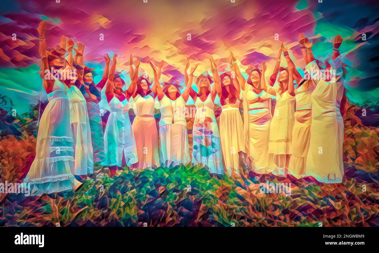 Women in flower wreath on sunny meadow, Floral crown, symbol of summer ...