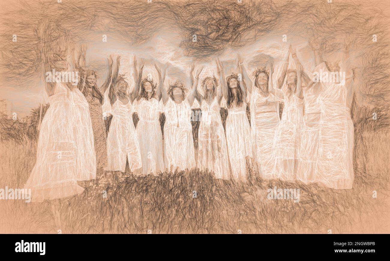 Women in flower wreath on sunny meadow, Floral crown, symbol of summer ...