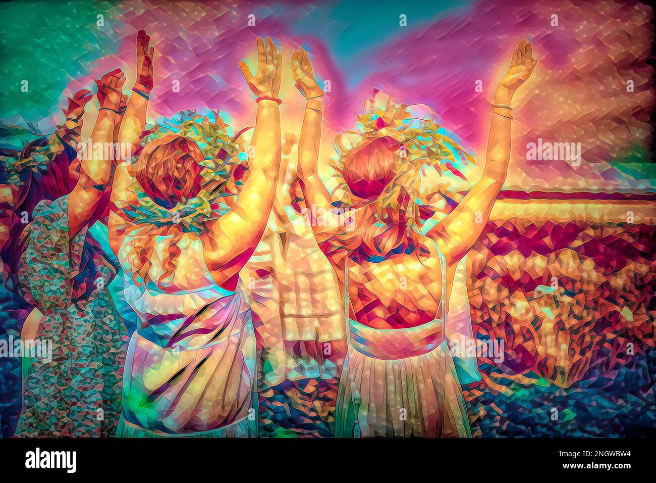 Women in flower wreath on sunny meadow, Floral crown, symbol of summer ...