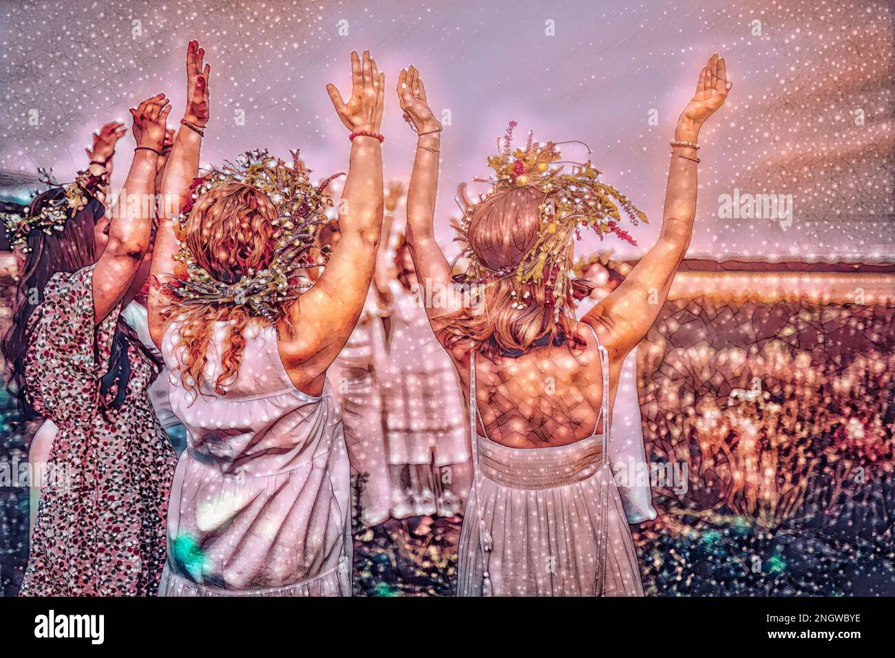Women in flower wreath on sunny meadow, Floral crown, symbol of summer ...
