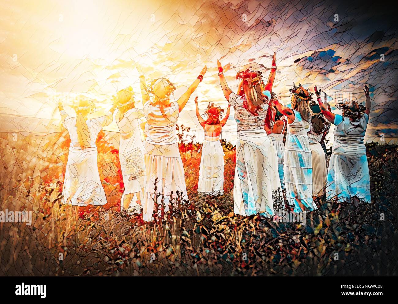 Women in flower wreath on sunny meadow, Floral crown, symbol of summer ...
