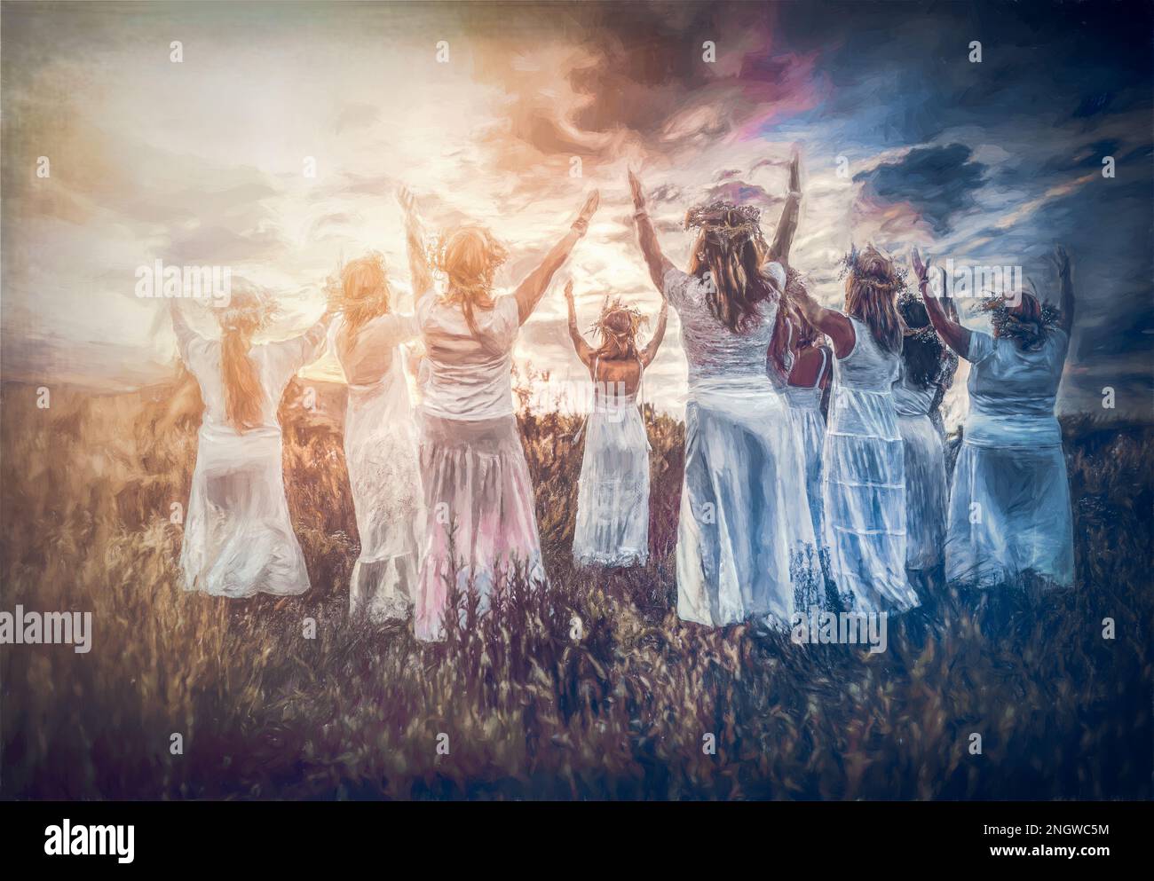 Women in flower wreath on sunny meadow, Floral crown, symbol of summer ...