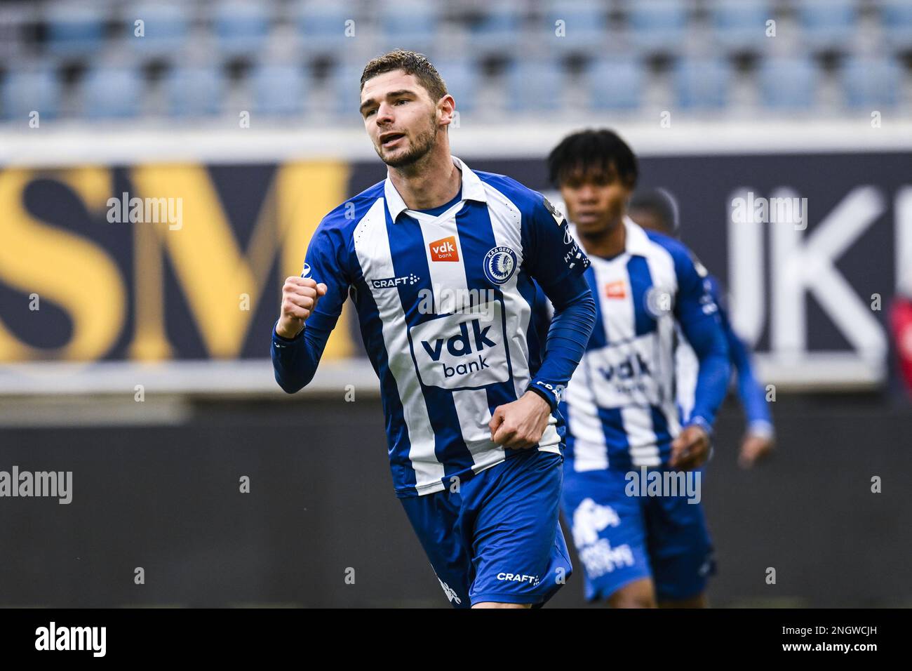 Gent's Hugo Cuypers celebrates after scoring during a soccer match ...