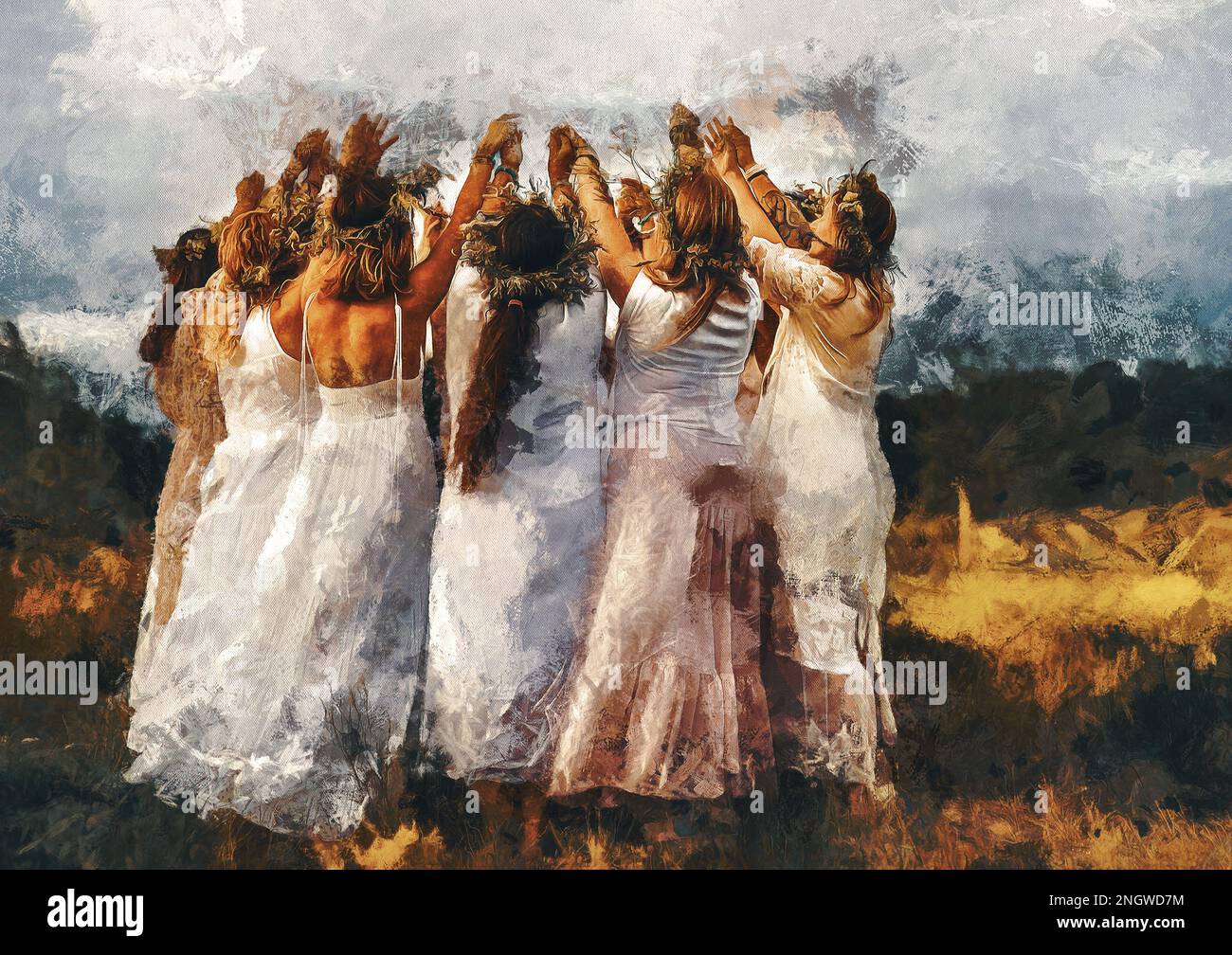 Women in flower wreath on sunny meadow, Floral crown, symbol of summer ...