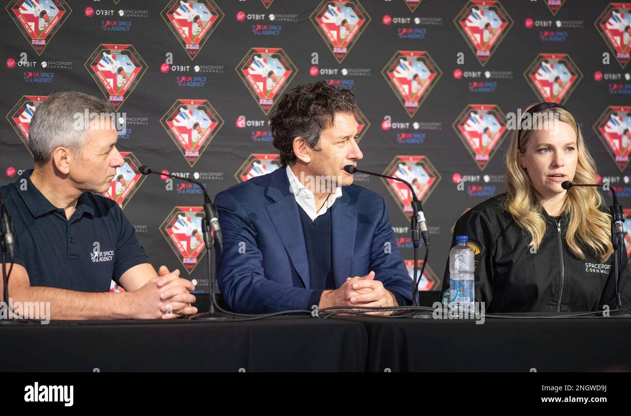 Dan Hart, CEO of Virgin Orbit (C) Ian Ennett, Deputy CEO UKSA (L) and ...