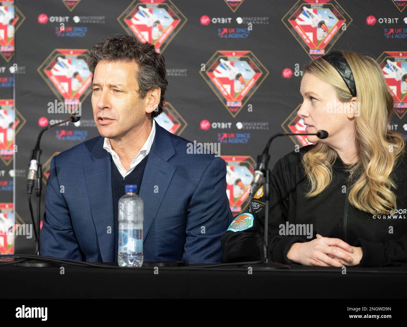 Dan Hart, CEO of Virgin Orbit (C) Ian Ennett, Deputy CEO UKSA (L) and ...