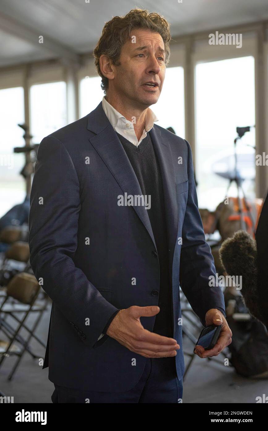 Dan Hart, CEO of Virgin Orbit, Cornwall speaks at a press conference ...