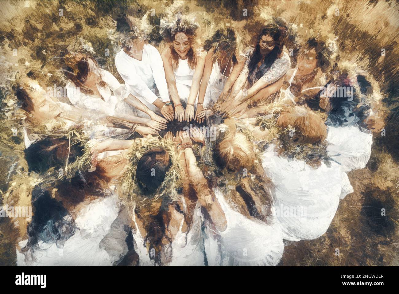 Women in flower wreath on sunny meadow, Floral crown, symbol of summer ...