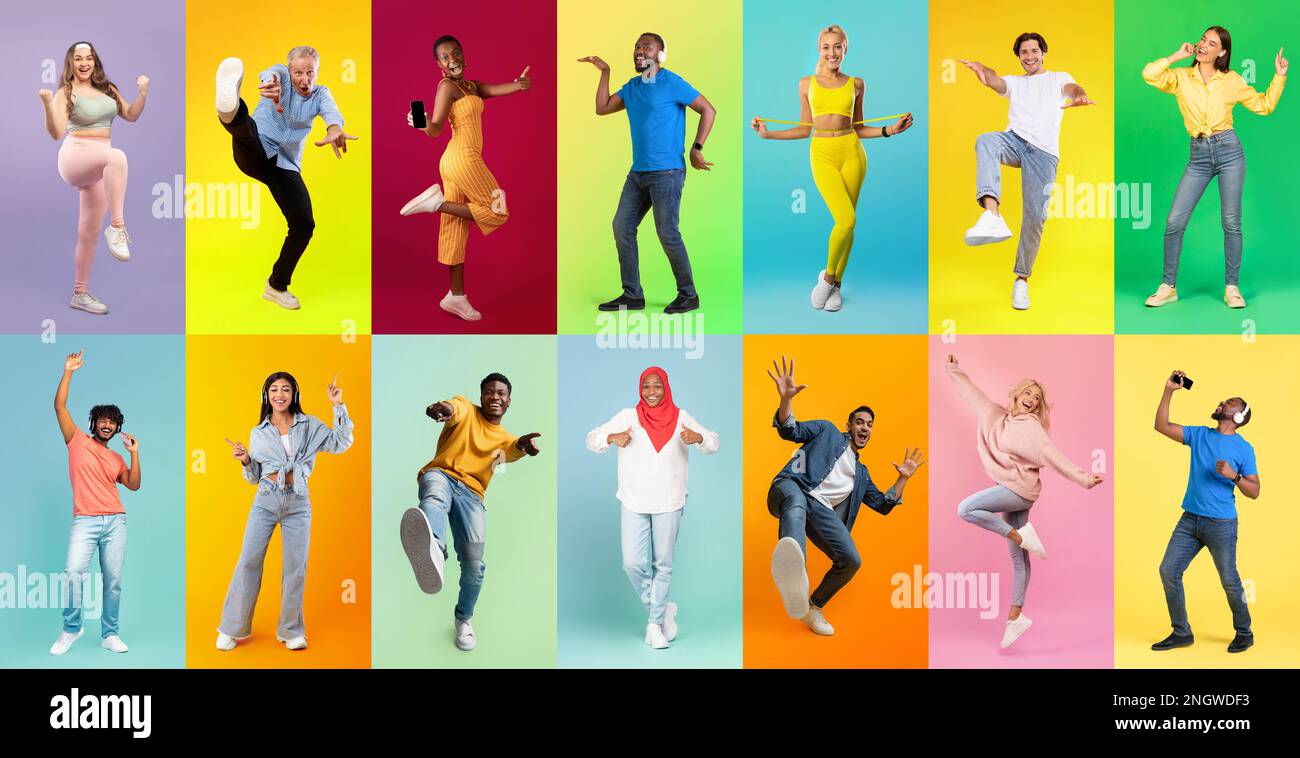 Collage With Happy Multiethnic Young People Having Fun Over Colorful ...