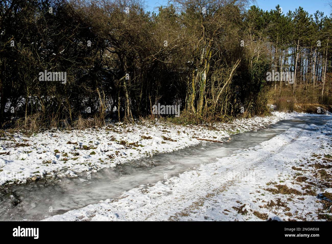 Thin layer of snow on a bright and sunny day - Black ice on a path ...