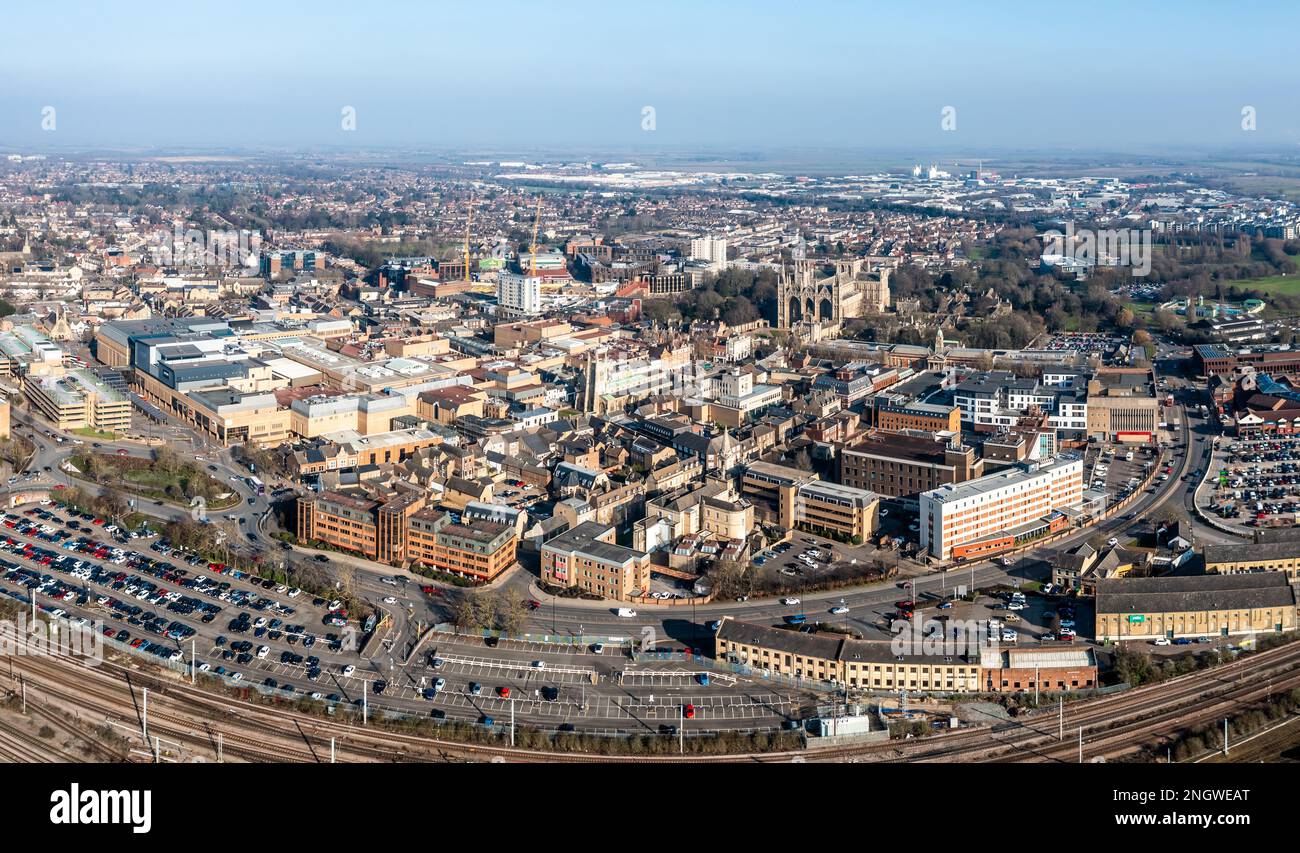 Aerial cityscape view of Peterborough city centre skyline with ...