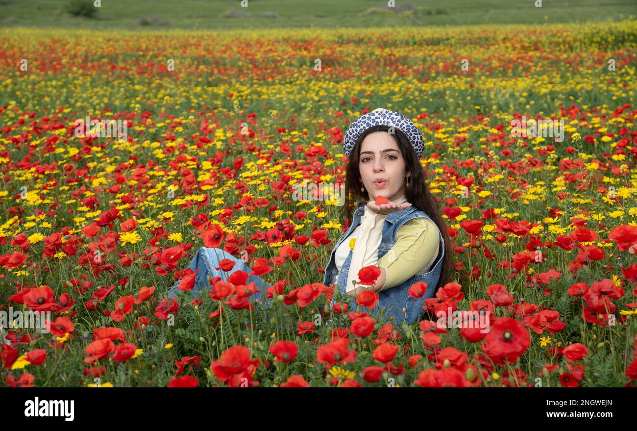 Young woman laying down in a daisy poppy field smiling in spring Stock ...