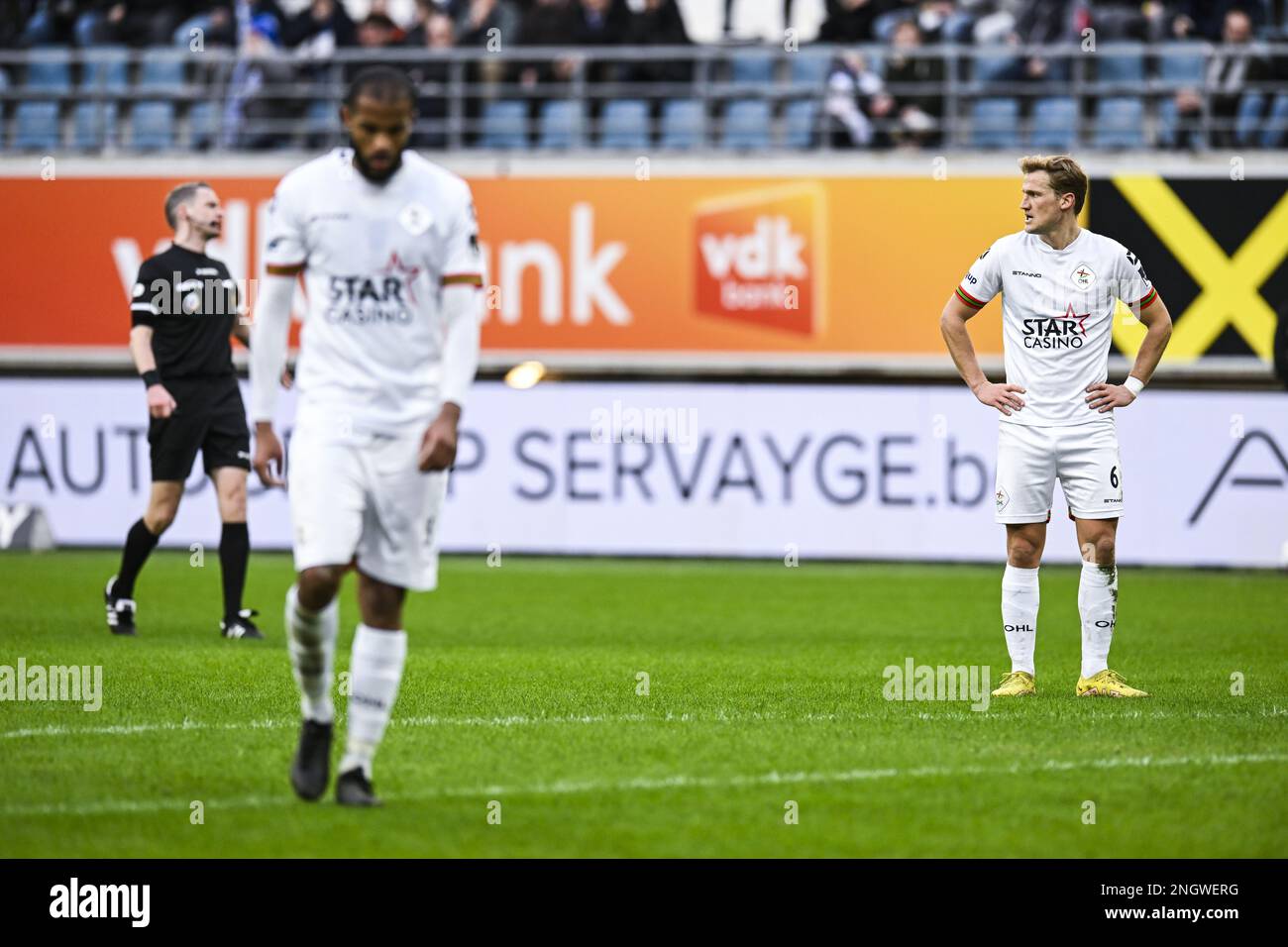 OHL's Joren Dom shows defeat during a soccer match between KAA Gent and ...