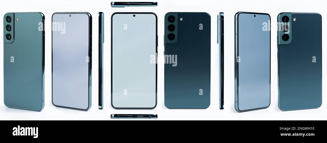 3D views of green smartphone with camera isolated on white studio ...