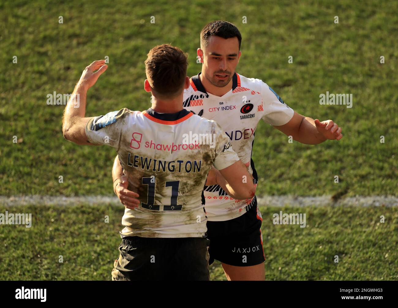 Saracens' Alex Lewington (left) celebrates with Alex Lozowski after ...