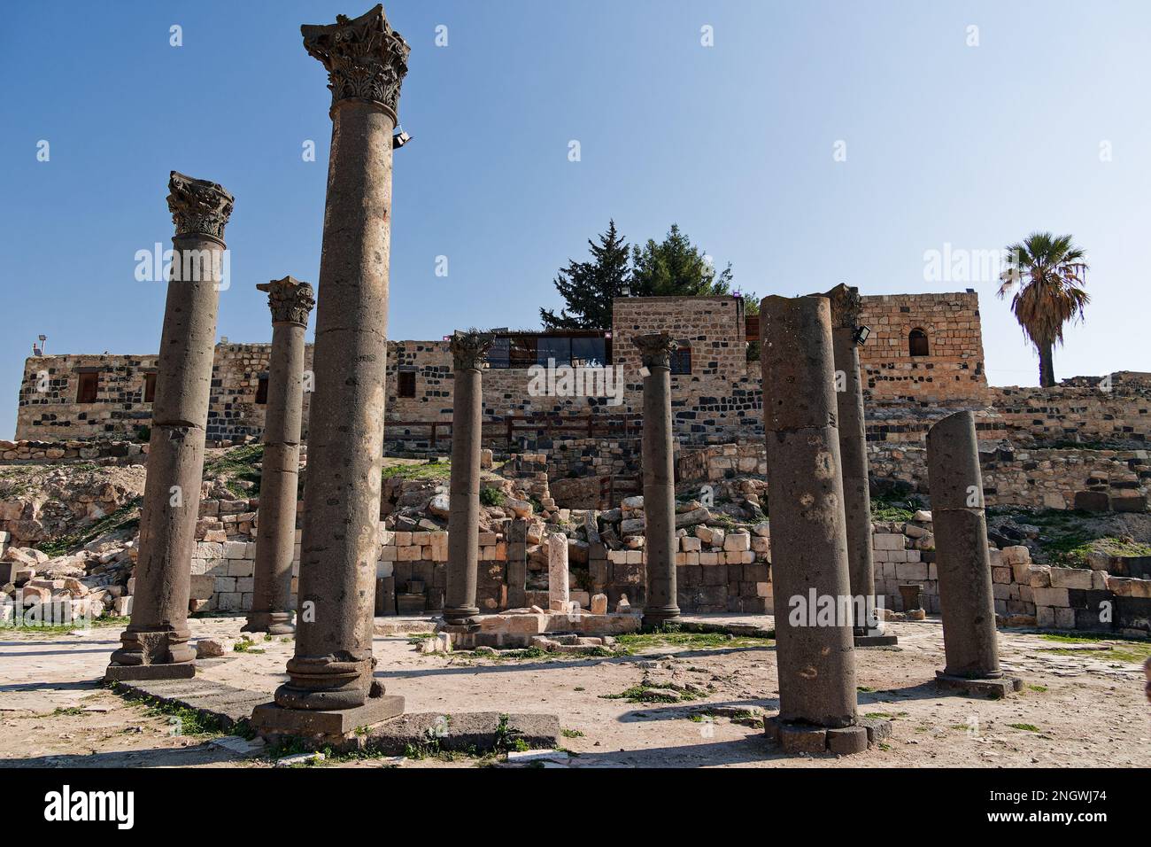 The remains of the basilica of the ancient Hellenistic city of Gadara ...