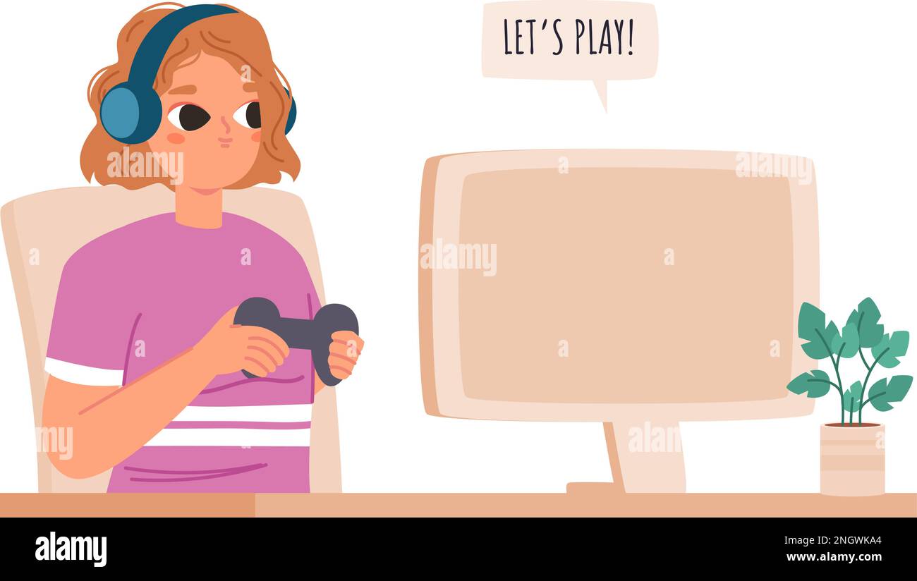 Girl gamer character with joystick and headphones sitting before ... Girl gamer character with joystick and headphones sitting before ...