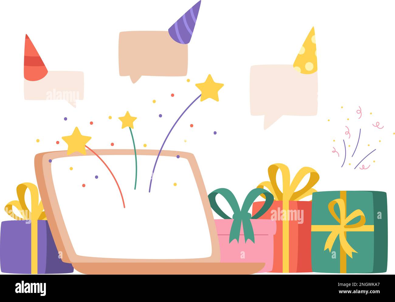 Online congratulations, birthday party gifts. Present boxes, fireworks ...