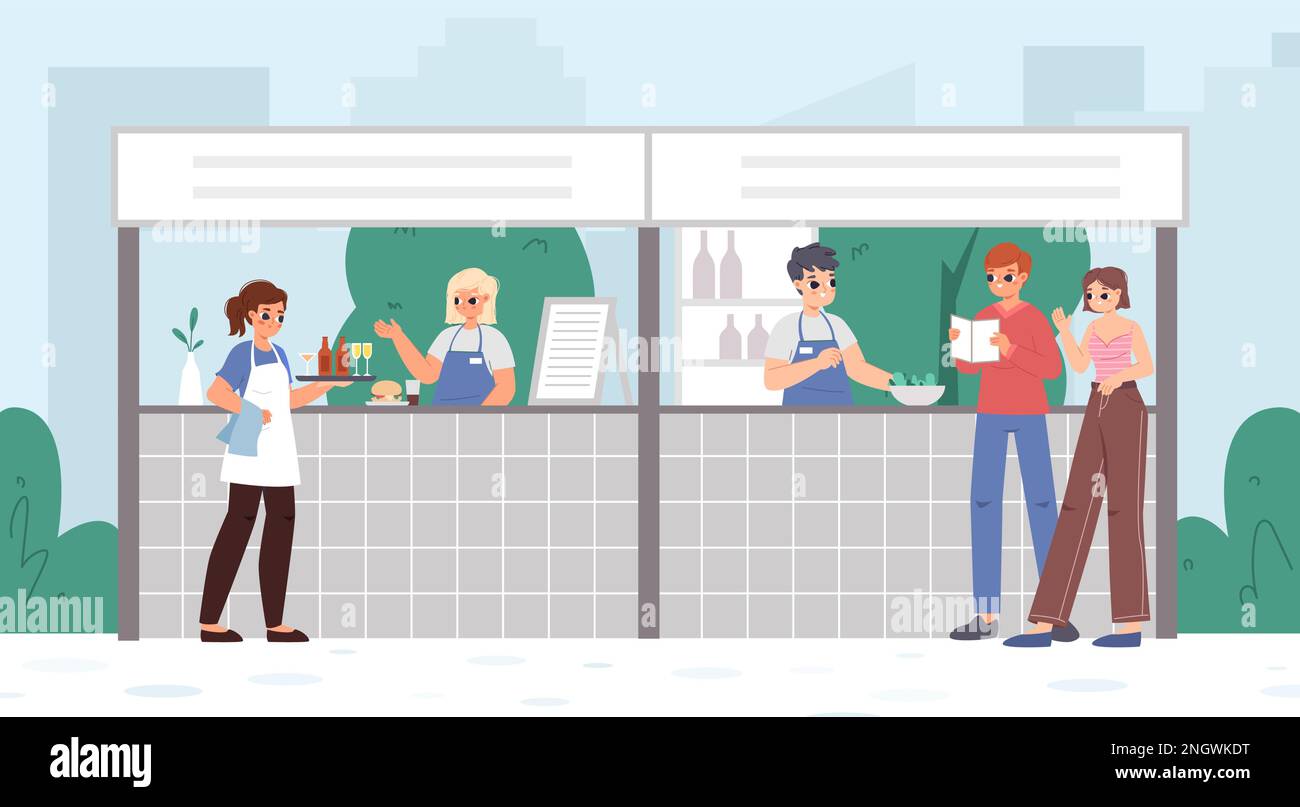 Summer cafe counter, waiters and couple with menu. Outdoor food ...