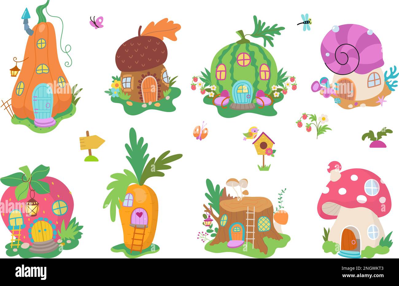 Magic gnome houses, cartoon magic forest elements. Dwarf and fairy lady ...