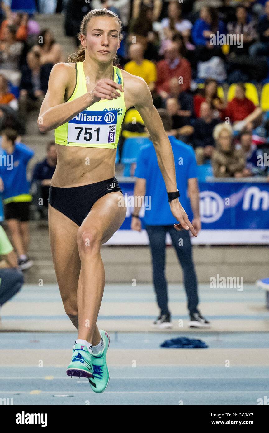 Belgian athlete Merel Maes pictured in action during the high jump event, at the Belgian indoor ...