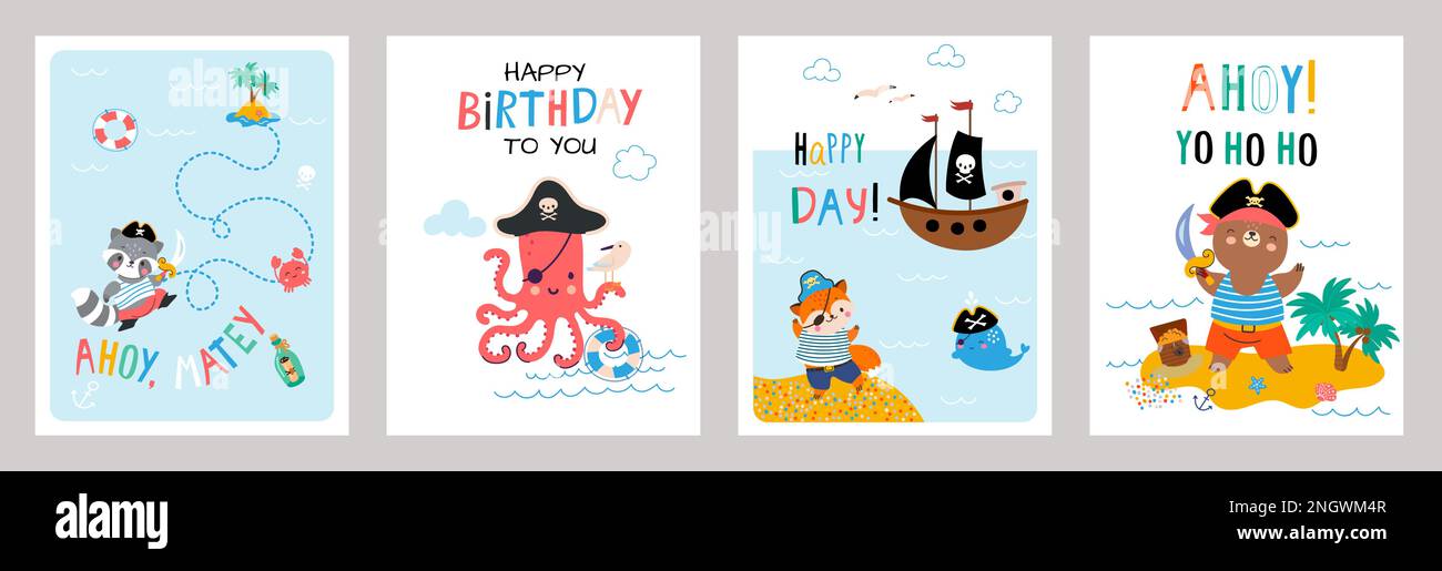 Birthday cards pirates, invitation marine pirate. Boy kids decorative ...