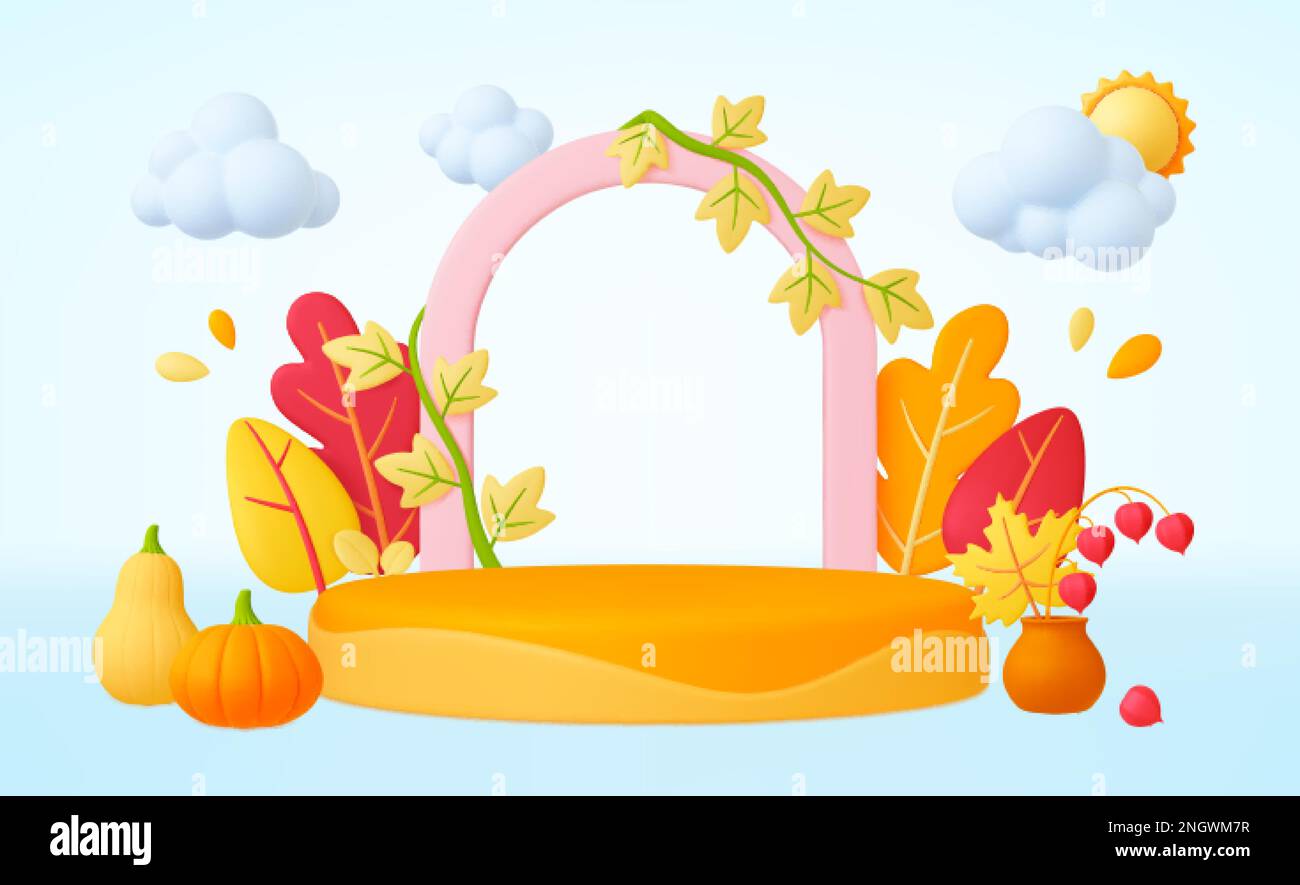 Autumn 3d background. Fall leaves, pumpkin and seasonal plants. Leaf ...