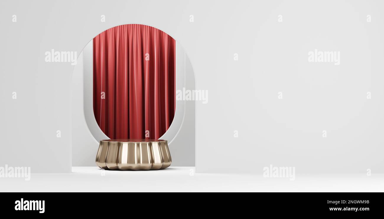 3D rendering gold platform podium with red curtain product presentation ...