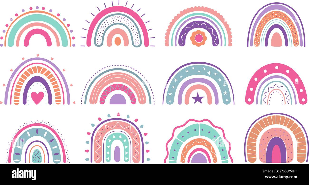 Abstract doodle kids rainbow. Kindergarten rainbows stickers design for ...