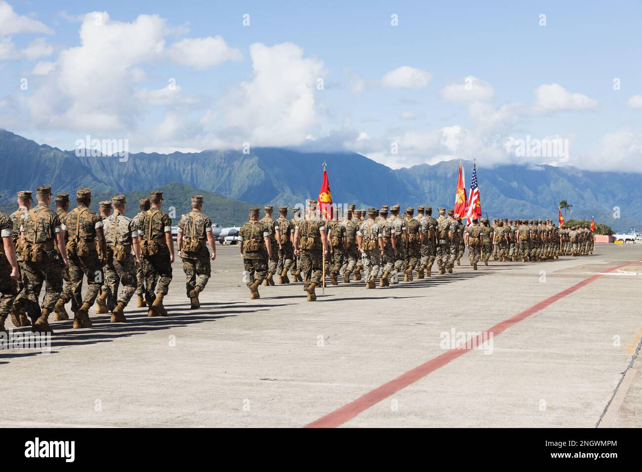 U.S. Marines with Marine Wing Support Squadron 174 conduct the pass-in ...