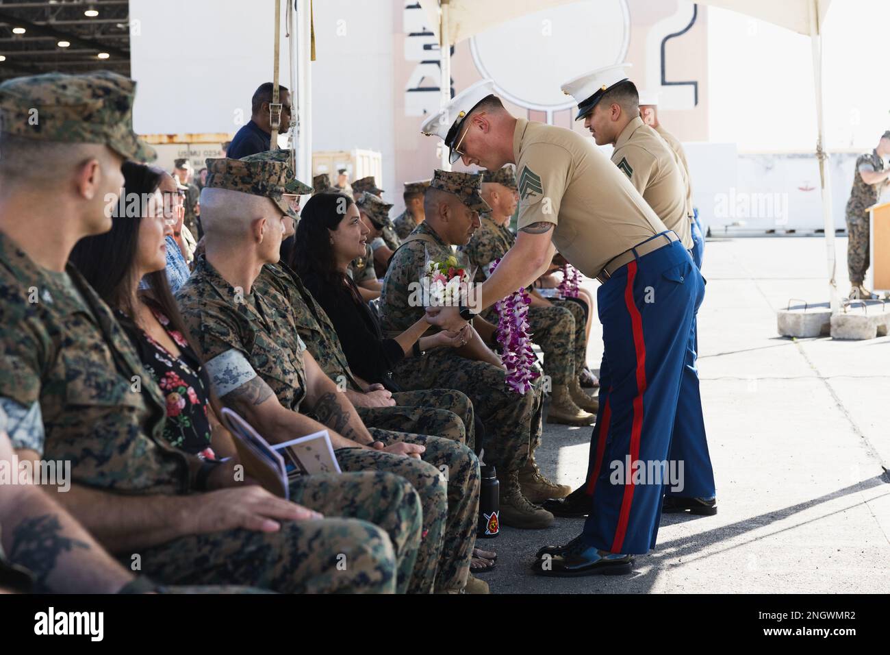 U S Marines With Marine Wing Support Squadron 174 Present Leis To The