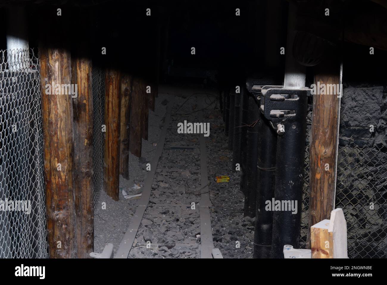 Railway track at passages of coal mining galleries underground Stock ...