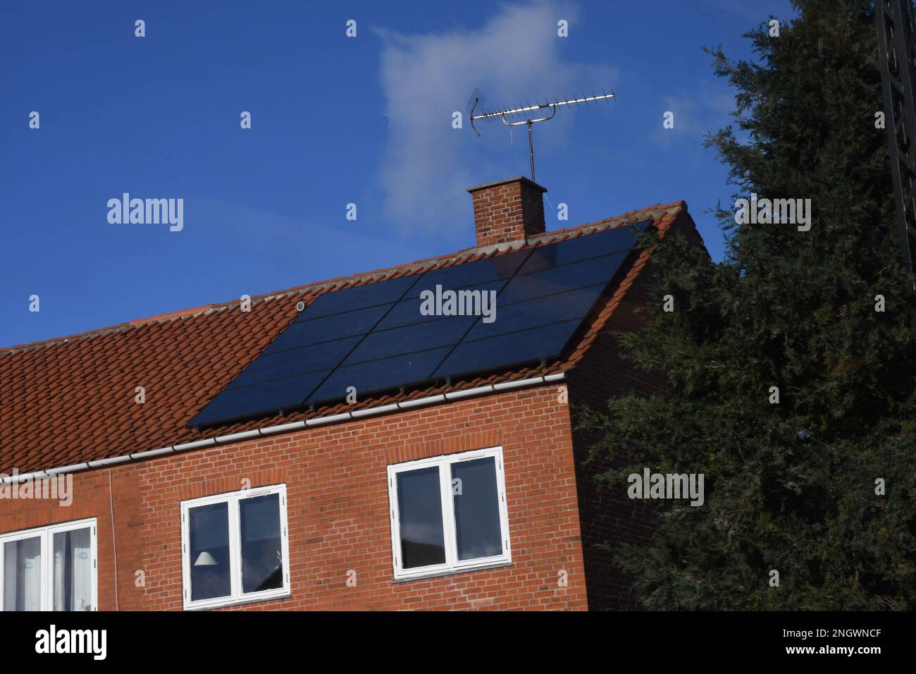 Copenhagen /Denmark/19 February 2023/House roof with solar panel anish ...